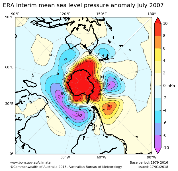 Mean sea level pressure anomalies for July 2007 for the southern hemisphere